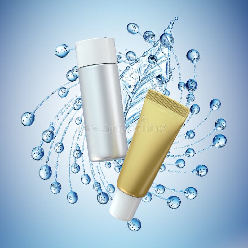 Cream Bottle Mock Up in Water Splash on Blue Background. Stock ...