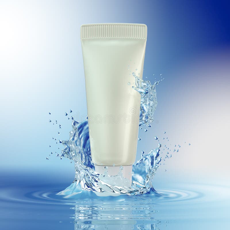Cream Bottle Mock Up in Water Splash on Blue Background. Stock ...