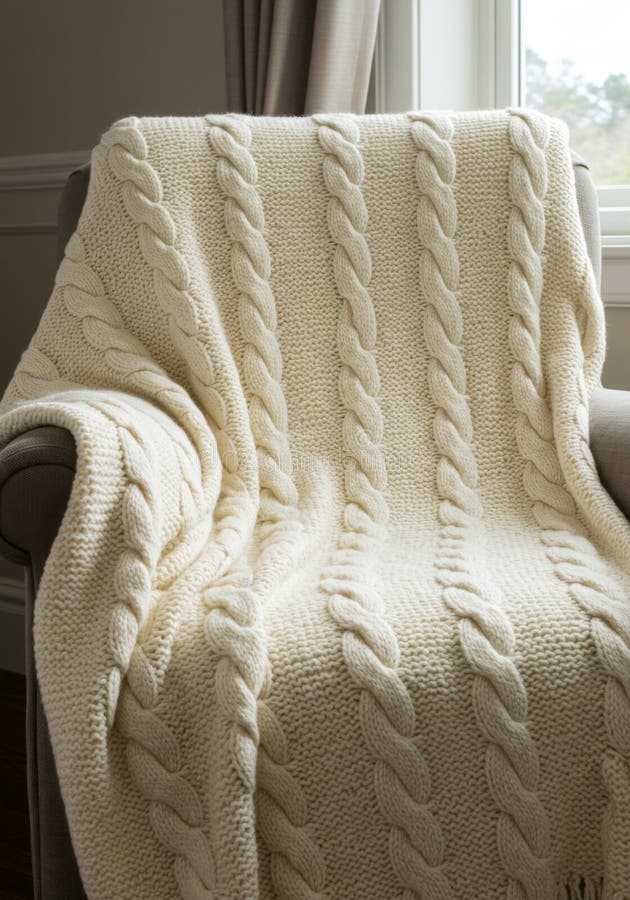 Cream Cable Knit Throw Blanket on Armchair Stock Illustration ...