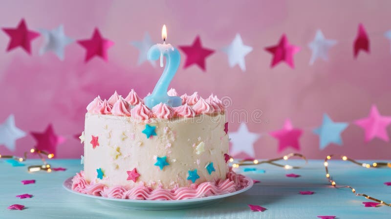Cream Cake with Pink Background Featuring Number 2 Candle and ...