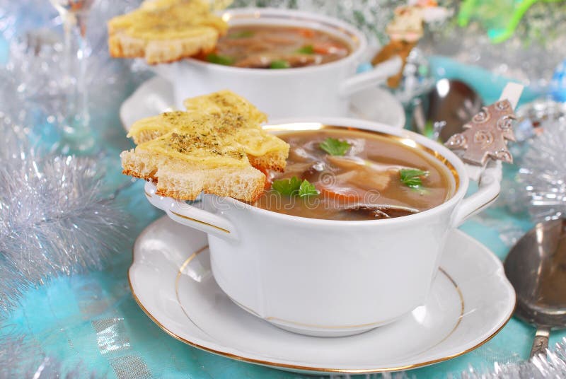 Cream Cep Soup with Cheese Toast for Christmas Stock Photo - Image of ...