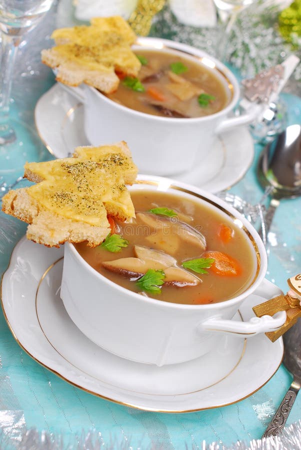 Cream Cep Soup with Cheese Toast for Christmas Stock Photo - Image of ...