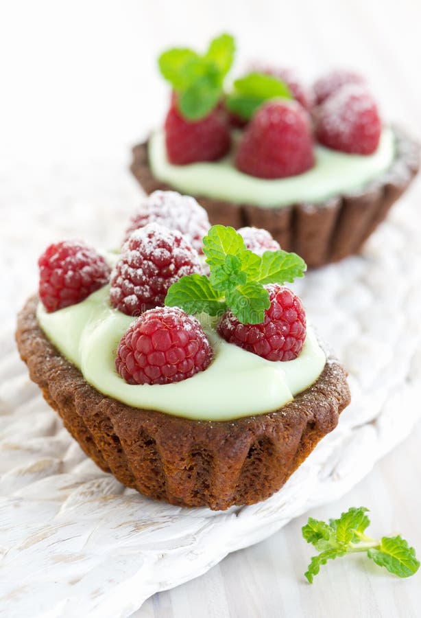 Cream Chocolate Tarts with Raspberry and Mint Stock Image - Image of ...