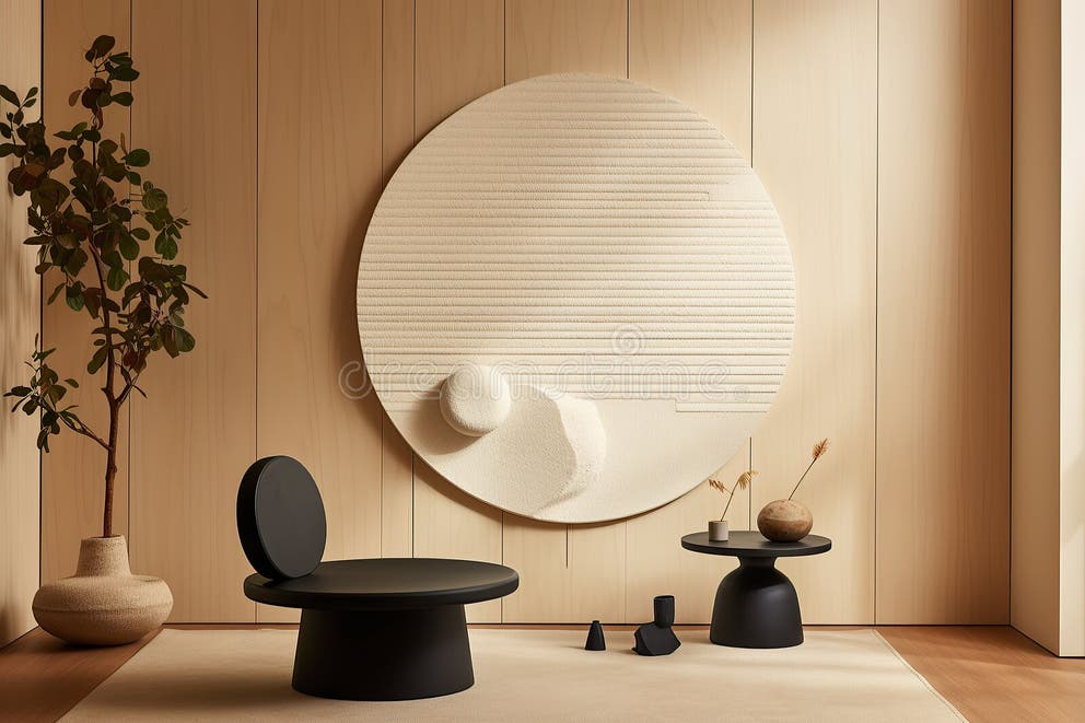 Cream Color Wall Panels and a Side Table in a Minimalistic Interior ...