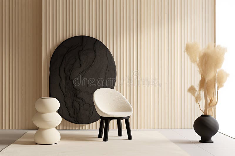 Cream Color Wall Panels and a Side Table in a Minimalistic Interior ...
