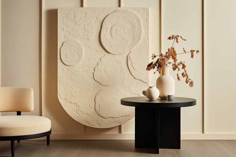 Cream Color Wall Panels and a Side Table in a Minimalistic Interior ...