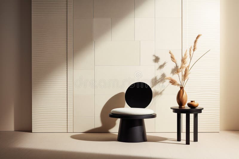 Cream Color Wall Panels and a Side Table in a Minimalistic Interior ...