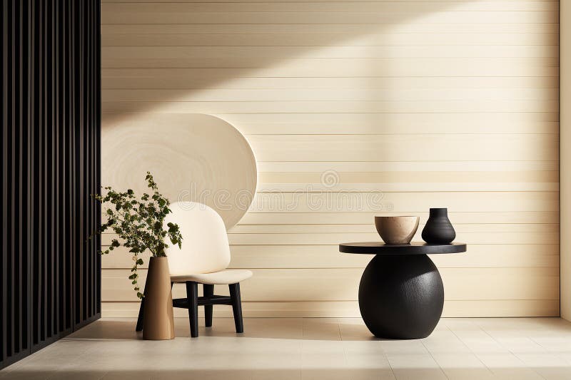 Cream Color Wall Panels and a Side Table in a Minimalistic Interior ...