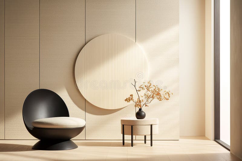 Cream Color Wall Panels and a Side Table in a Minimalistic Interior ...