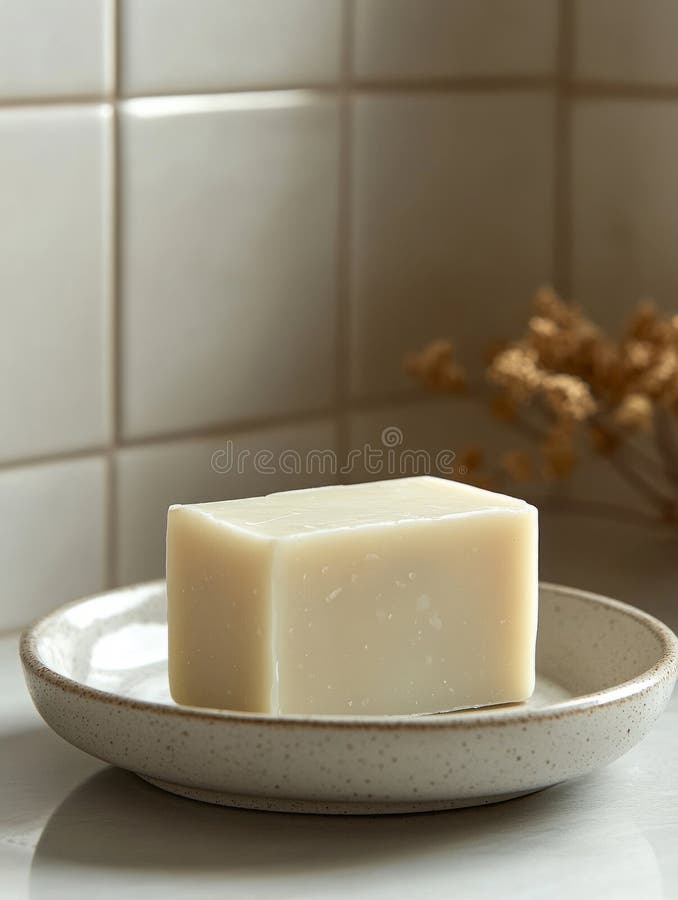 Cream-colored Bar of Soap on a Plate with Tile Background. Stock Image ...
