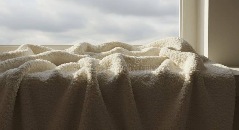 Cream Colored Fluffy Blanket Draped on Surface Near Window Stock ...