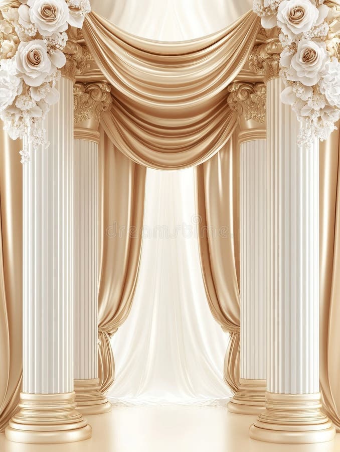 A Cream-colored Sky, Stone Pillars, a Gold Satin Draped Fabric, a Gold ...