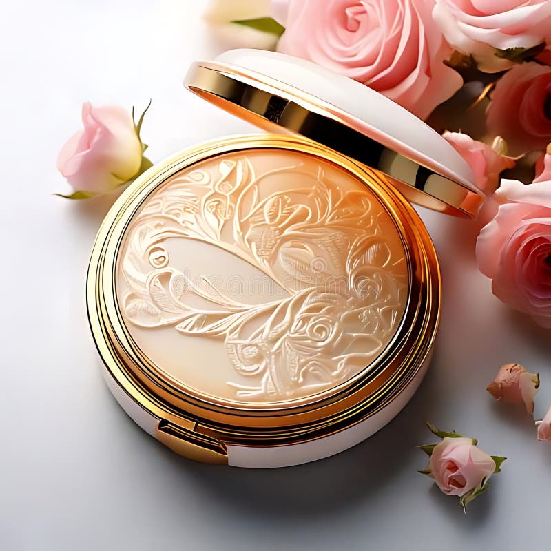 Cream Compact on White Background Decorated with Roses Stock ...
