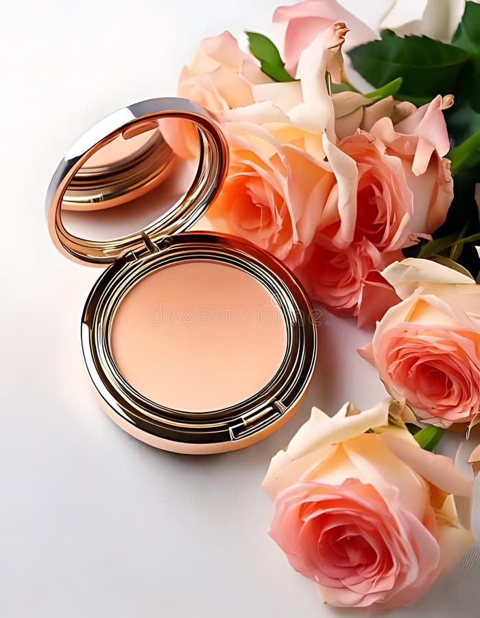 Cream Compact on White Background Decorated with Roses Stock ...