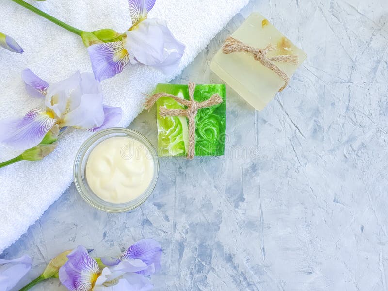 Cream Cosmetic Soap Flower Iris Treatment Concrete Background Stock ...