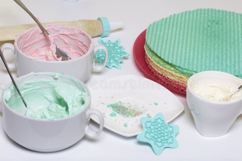 Cream of Different Colors for Decorating Waffle Cake. Round Wafer Cakes ...