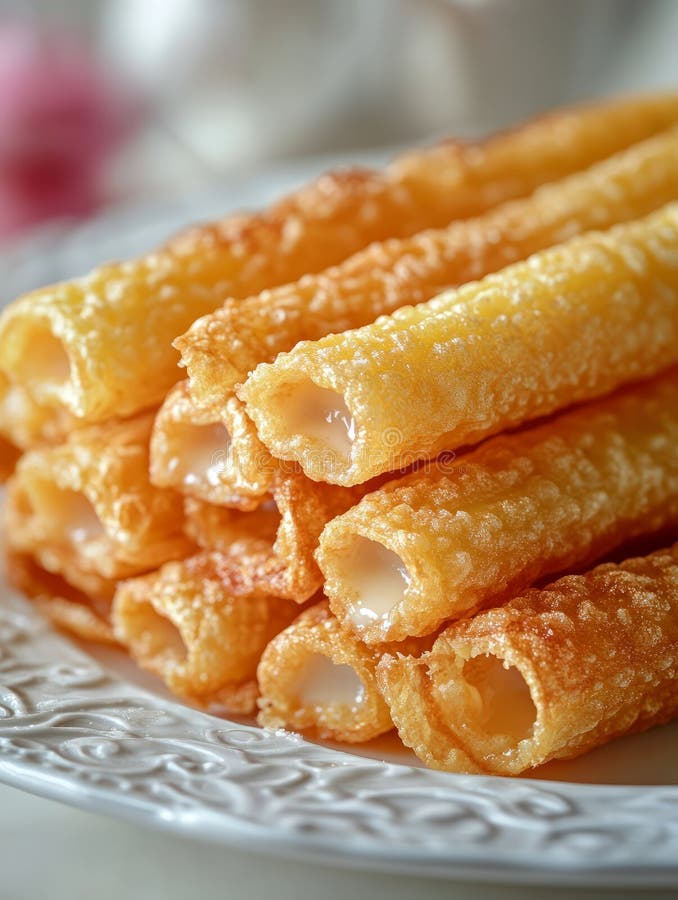 Cream-filled Puff Pastry Rolls Stacked on a Plate. Stock Image - Image ...