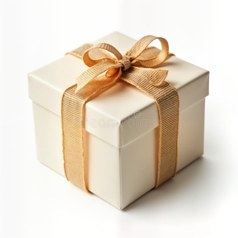 Cream Gift Box with Light Brown Ribbon Bow Sits on Plain White Backdrop ...