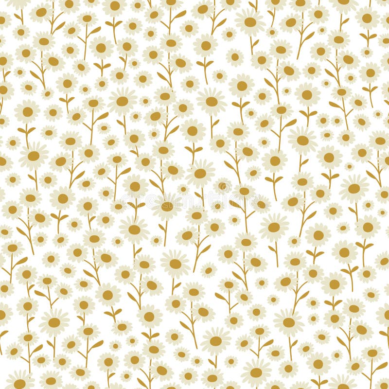 Cream and Gold Hand-Drawn Boho Daisies Seamless Pattern Background ...
