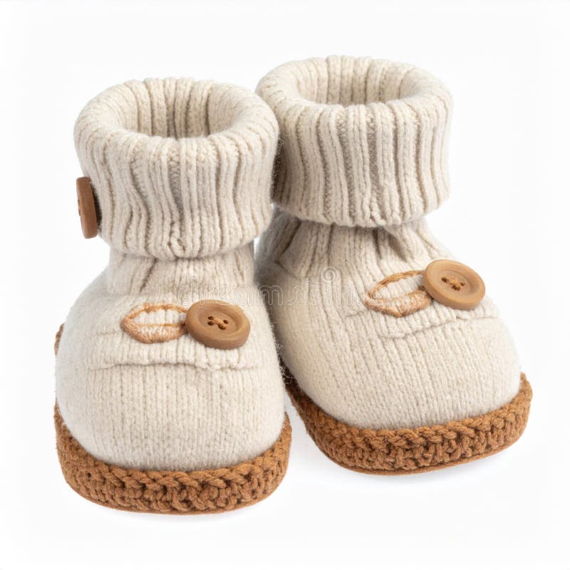 Cream Knit Baby Booties with Brown Buttons Stock Illustration ...