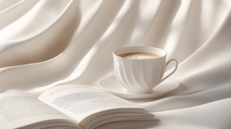 Cream Latte in Elegant Porcelain Cup with Open Book on White Fabric ...