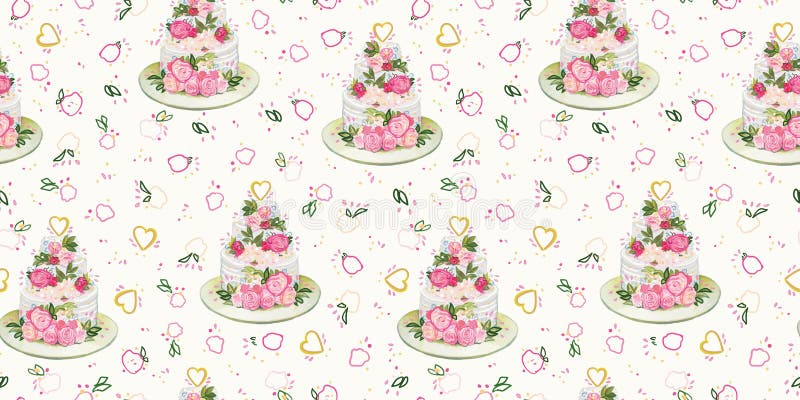 Cream Pattern with Wedding Cake and Flowers. Stock Vector ...