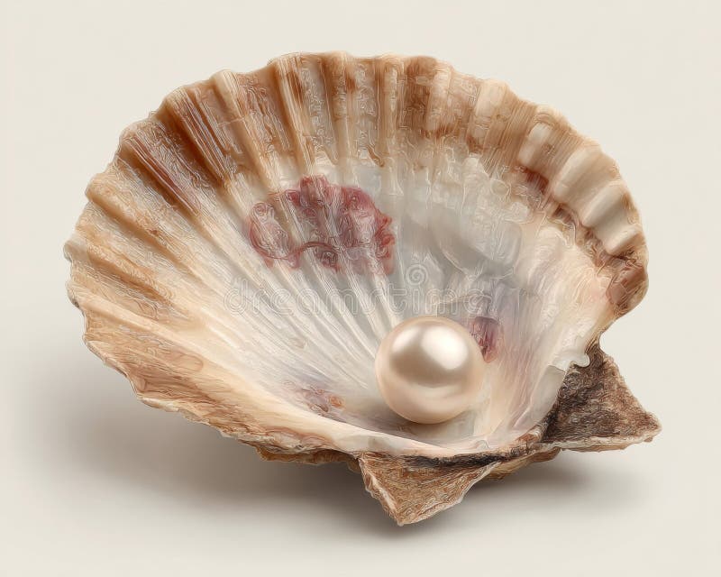 Cream Pearl in a Brown Scallop Shell on Beige Background Stock ...