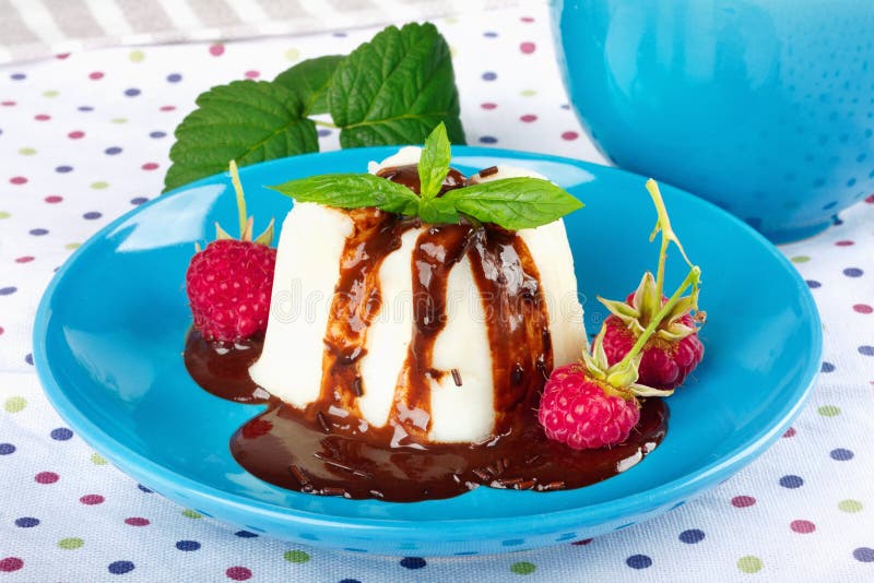 Cream Pudding with Chocolate Sauce, Raspberry and Mint on Multicolored ...