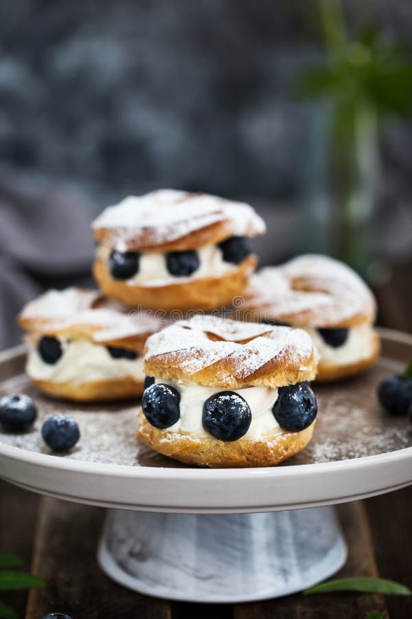 Cream Puff Rings Choux Pastry Decorated with Fresh Blueberries Stock ...