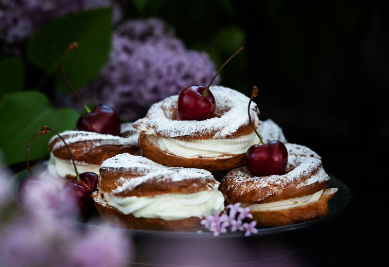 Cream Puff Rings Decorated with Fresh Cherry Stock Photo - Image of ...