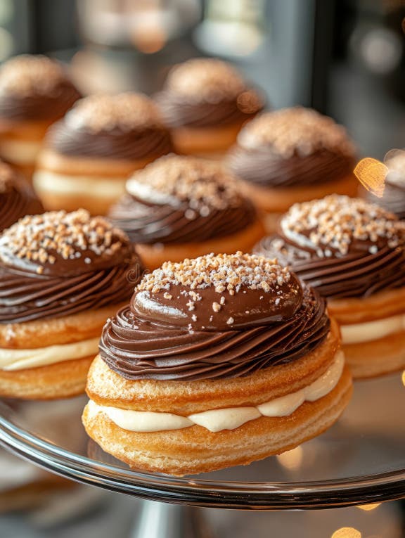 Cream Puffs with Chocolate and Cream on Display Stand. Stock Photo ...