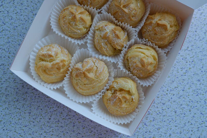 Cream Puffs Filled Vanilla Custard and Dust on a Box Stock Image ...