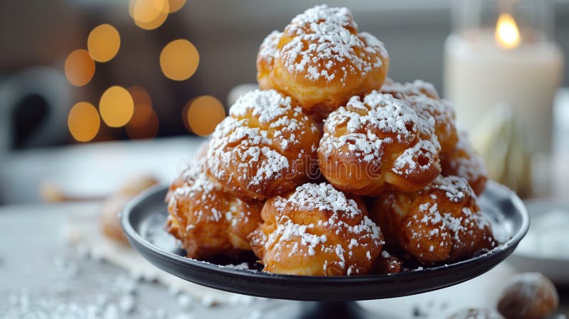A Stack of Cream Puffs Dusted with Powdered Sugar on a Black Plate ...