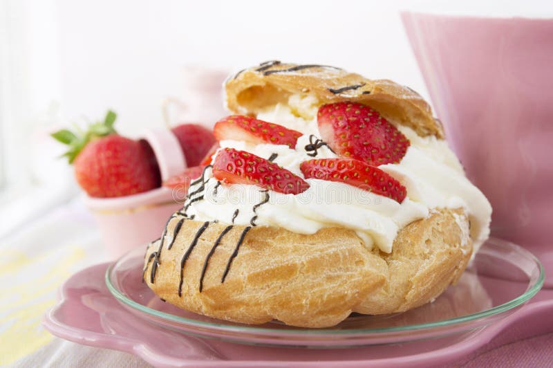 Cream Puffs,strawberries, Pink Service Stock Image - Image of decorated ...