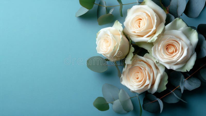 Cream Roses and Eucalyptus on Teal Background Stock Illustration ...