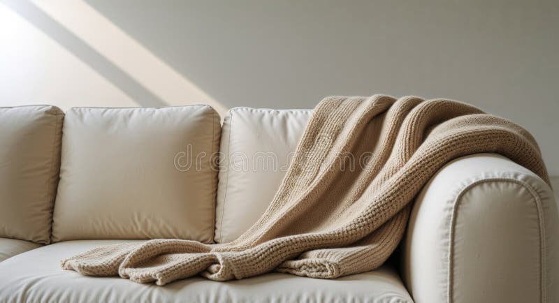 Cream Sofa with Knitted Throw - Luxurious Home Decor. Stock Photo ...
