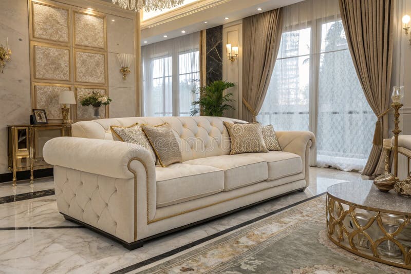 Cream Sofa in Luxury Designed Sitting Room Stock Photo - Image of ...
