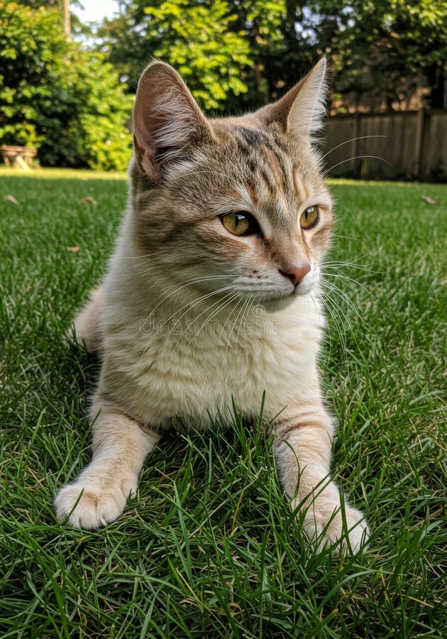 Cream Tabby Cat Relaxing in Green Grass Stock Illustration ...