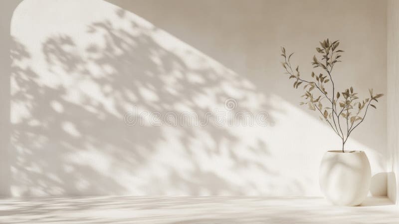 Cream Vase with Dried Plant and Sunlight Shadow on White Wall Stock ...