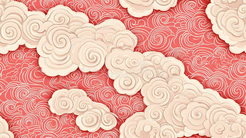 Cream Whirl Clouds Seamless Pattern on Red Background Stock ...