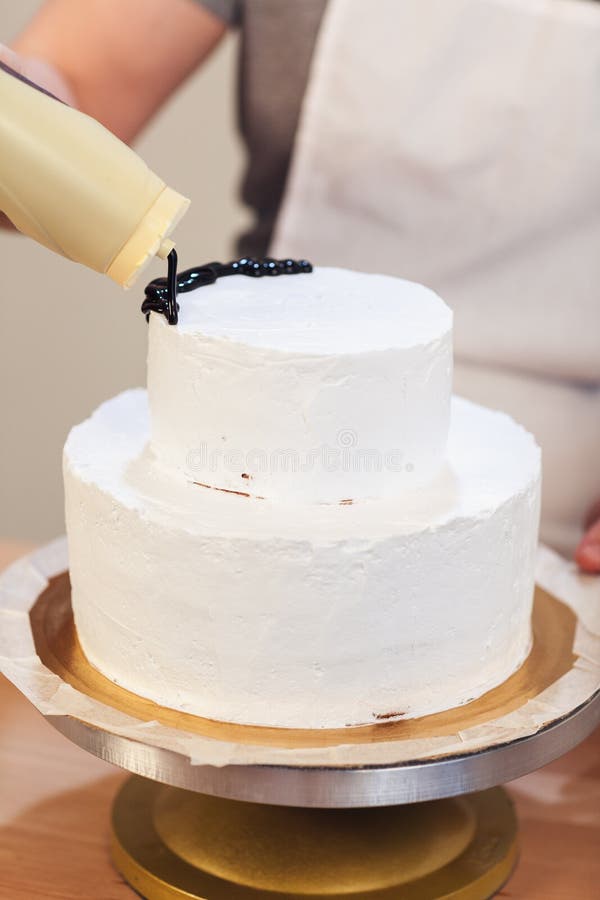 Cream White Cake Poured with Chocolate Glaze, Close-up, Vertical Side ...