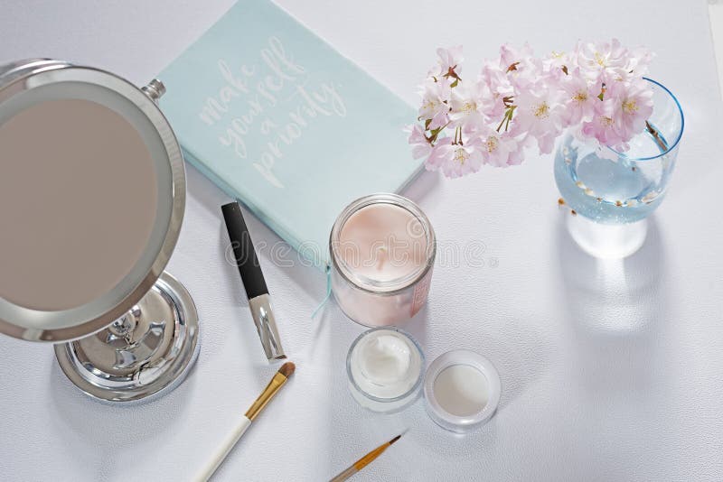 Creams and Various Cosmetics, Notepad for Notes. Girl`s Table Stock ...