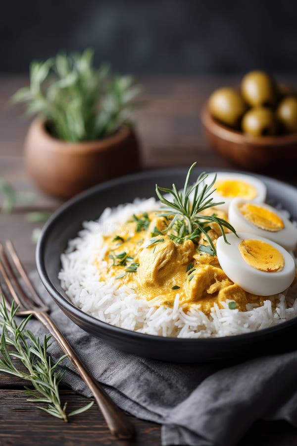 Creamy Aji De Gallina Served Over Rice with Olives and Eggs in a Rustic ...