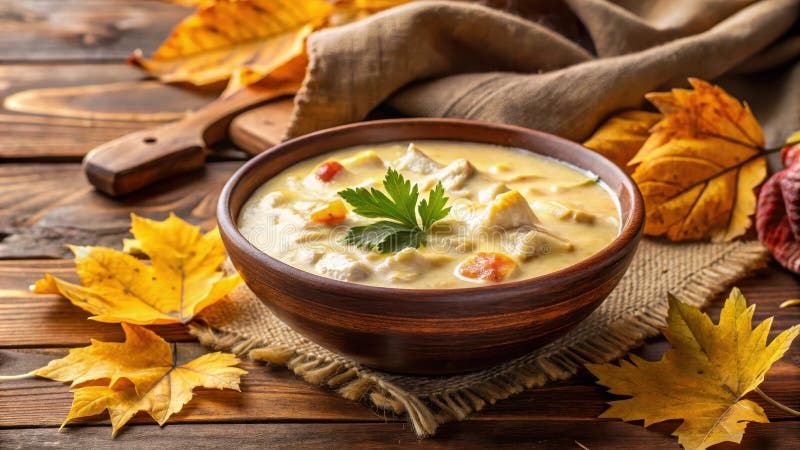 Creamy Autumn Chicken Soup in Rustic Bowl with Fall Leaves. Generative ...
