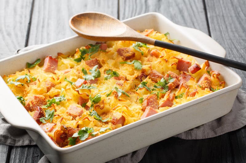 Creamy Baked Pasta with Bacon and Cheese Closeup on the Baking Dish ...