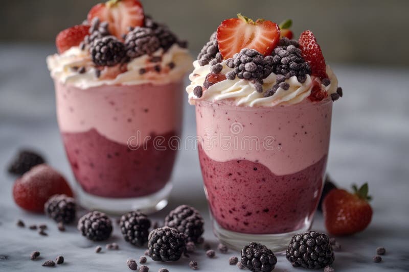 Creamy Berry Smoothies Garnished with Whipped Cream and Fresh Fruit ...