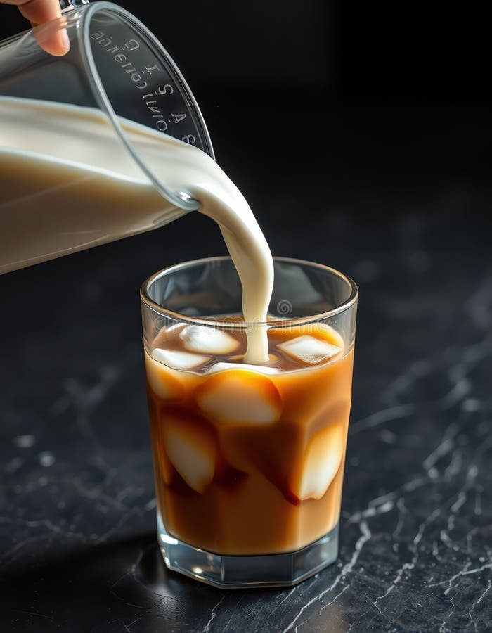 Creamy Beverage Poured into a Glass Filled with Ice Creates an Inviting ...