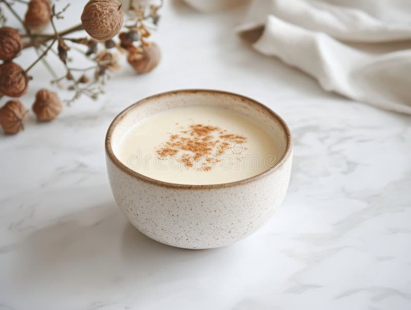 A Creamy Beverage Topped with a Sprinkle of Spice in a Textured Bowl on ...