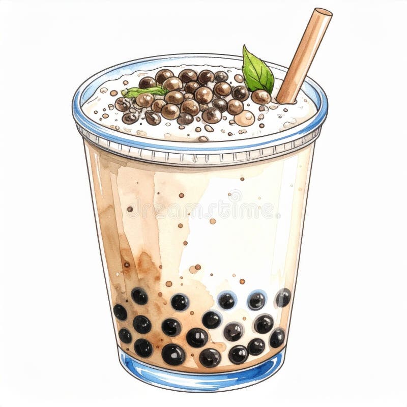 Creamy Boba Tea Watercolor Illustration Stock Illustration ...