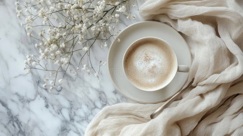 Creamy Cappuccino on Marble Table with Knit Texture and White Flowers ...